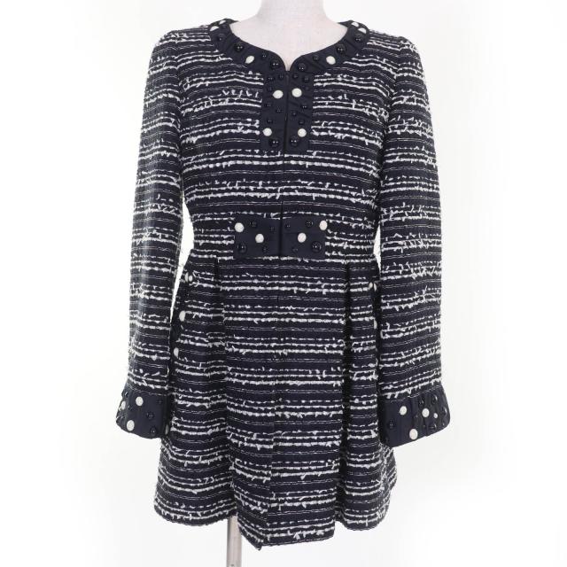 美品☆TO BE CHIC トゥービーシック コットン ビーズ装飾 ツイード ノーカラーコート ダークネイビー 40 正規品 レディース