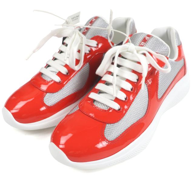 未使用品□PRADA プラダ 4E3400 アメリカズカップ パテントレザー ローカットスニーカー レッド グレー 6.5 イタリア製 定価146300円