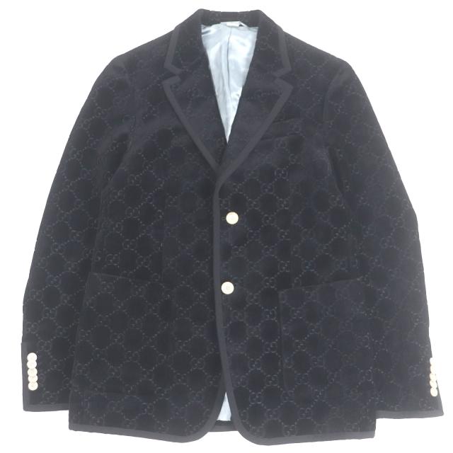 美品□GUCCI グッチ 522513 GGロゴ総柄 シングル ベロア テーラードジャケット 44 ブラック ハンガー・ガーメント付き イタリア製 正規品