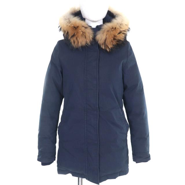 良品◇Pyrenex ピレネックス BORDEAUX ファー・フード・ロゴワッペン付き 比翼仕立て ダウンジャケット ネイビー 36 正規品 レディース