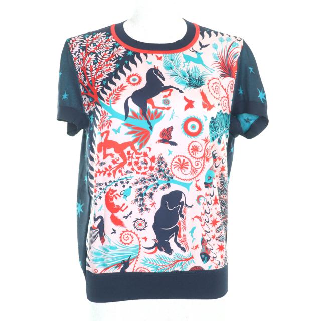 極美品★HERMES エルメス 23SS 3E2808D4 LE CHARME D’ORPHEE シルク切替 ツイルレーヌ 半袖ニット マルチ 40 イタリア製 レディース