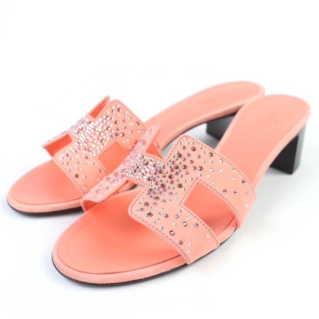 極美品☆HERMES エルメス オアジス ビジュー付 スウェードレザー サンダル ミュール オレンジ系 37 箱・保存袋付 イタリア製 レディース