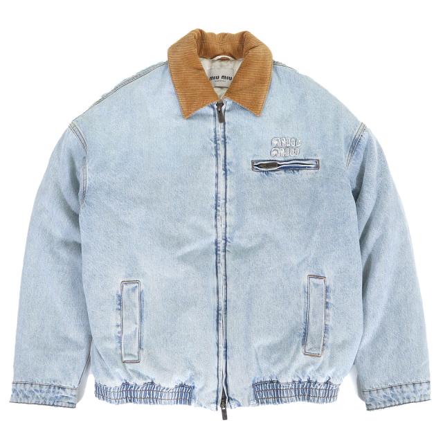 極美品△MIUMIU ミュウミュウ 24AW GWB221 Velvet Corduroy Collar Denim Jacket オーバー パデッドデニムブルゾンジャケット 38 正規品