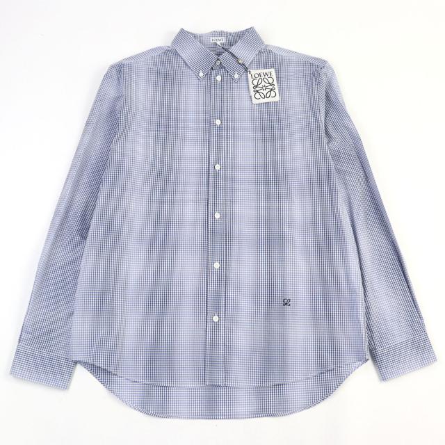 未使用品○LOEWE ロエベ H526Y05WAL ロゴ刺繍 ボタンダウン  長袖シャツ ブルー系 チェック柄 40 ハンガー付き イタリア製 正規品 メンズ
