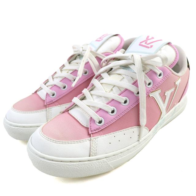 美品△LOUIS VUITTON ルイヴィトン 1AA16X チャーリーライン レザー使い LVロゴ レースアップ ローカットスニーカー ピンク ホワイト 37
