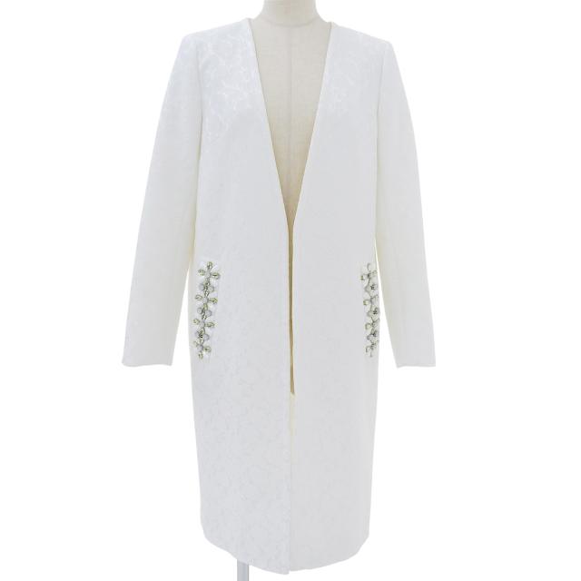 極美品▲GRACE CONTINENTAL グレースコンチネンタル フラワージャガード ビジュー付き ノーカラー コート ホワイト 36 日本製 正規品