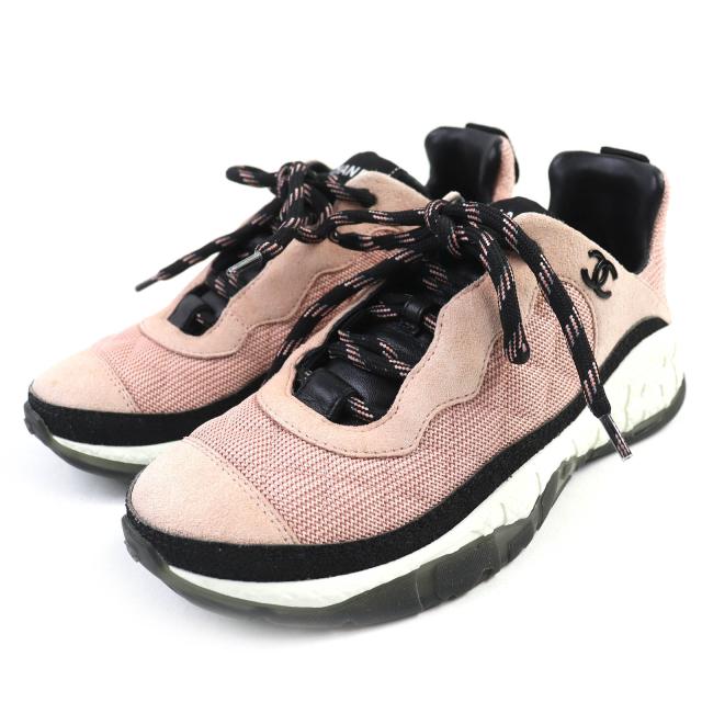 美品△CHANEL シャネル G38290 ココマーク マトラッセ ロゴソール スウェードレザー スニーカー ピンク ブラック ホワイト 36 伊製 袋付