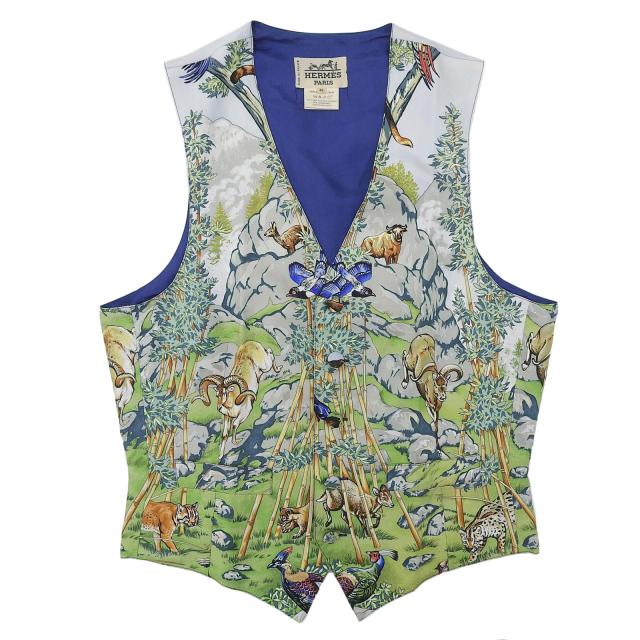 良品▲HERMES エルメス ヴィンテージ シルク100% 超希少 SICHUAN 四川省 アニマル柄 ジレ ベスト マルチカラー 46 フランス製 メンズ