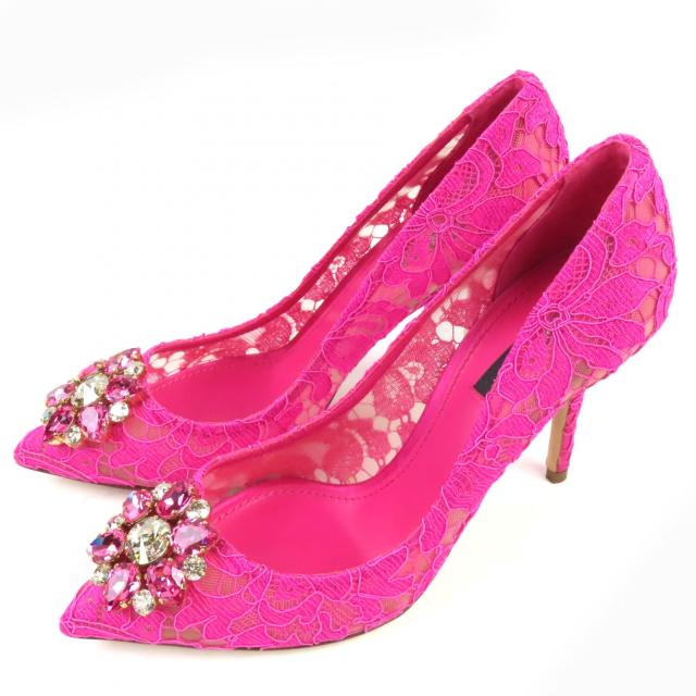 未使用品◇DOLCE&GABBANA ドルチェ＆ガッバーナ タオルミナレース クリスタルビジュー付き パンプス ピンク 38.5 箱・袋付 定価156200円