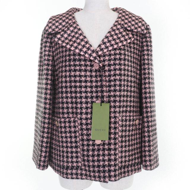 未使用品☆GUCCI グッチ 674323 ウール GGボタン 千鳥格子柄 ハンドトゥース ジャケット コート ピンク 40 イタリア製 正規品 レディース