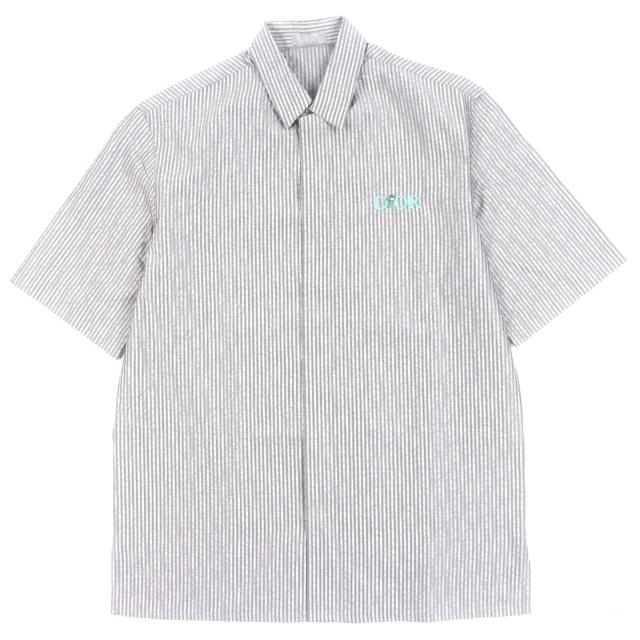 極美品▼DIOR ディオール オム 193C545G5566 シルク100% ロゴ刺繍 ストライプ柄 シアサッカー ショートスリーブ 半袖シャツ 37 正規品