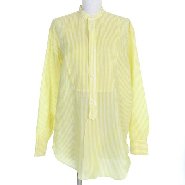 極美品△BLAMINK ブラミンク 7911-230-0152 ストライプバンドカラーシャツ コットン シルク 長袖シャツ イエロー 36 日本製 正規品