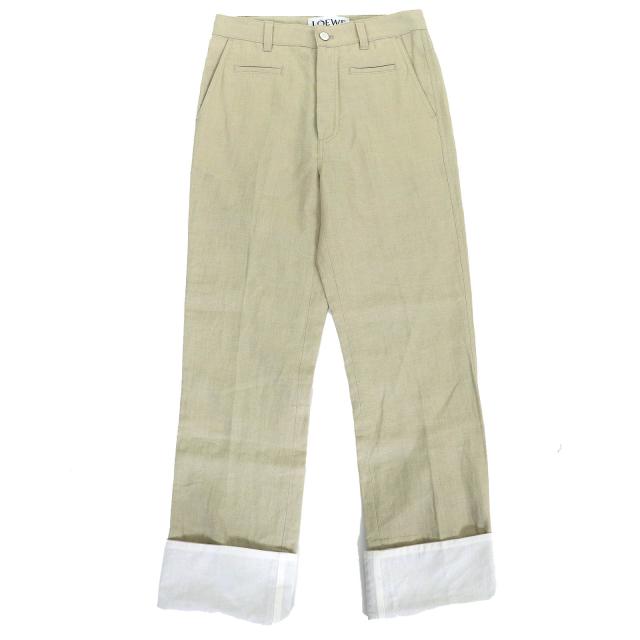 極美品△LOEWE ロエベ D2162111BO リネン100％ アナグラムボタン ロゴレザーパッチ フィッシャーマンパンツ ベージュ 34 仏製 正規品