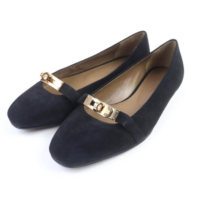 極美品★HERMES エルメス ビルバオ ゴールド金具 ケリーバックル スクエアトゥ スウェードレザー フラット パンプス ブラック 35.5 箱付