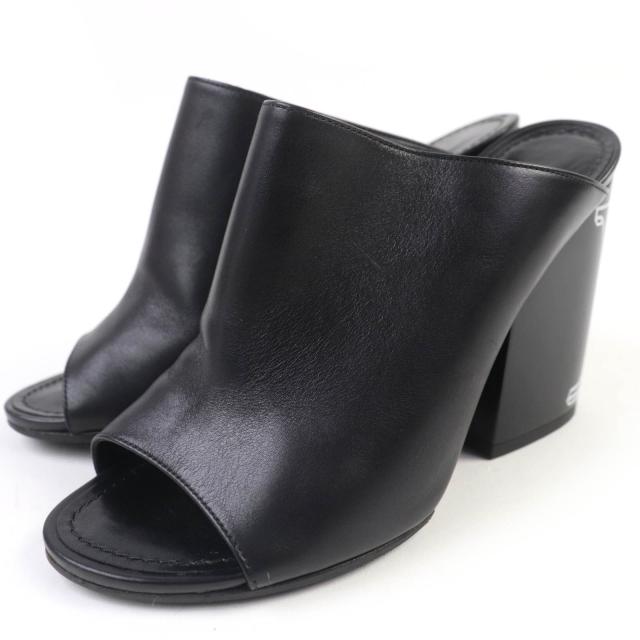 美品☆LOUIS VUITTON ルイヴィトン トップモスト・ライン ビッグLVロゴ チャンキーヒール レザー オープントゥ サンダル ブラック　36.5