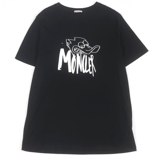 良品□MONCLER モンクレール 2022年製 コットン100％ モンダックプリント ロゴワッペン 半袖Ｔシャツ カットソー ブラック L 正規品