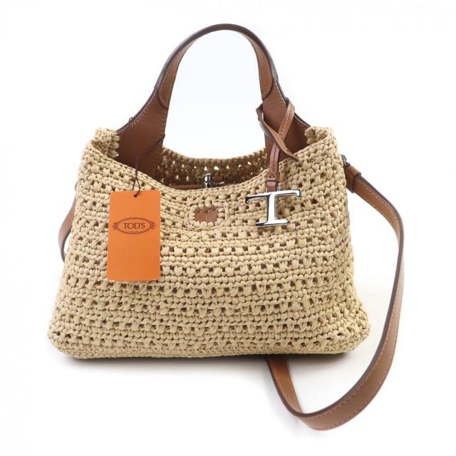 未使用品★TOD’S トッズ XBWAPAEU000RGM5029 T タイムレス マイクロ チャーム付 カーフレザー使い ラフィア 2way ハンドバッグ 保存袋付