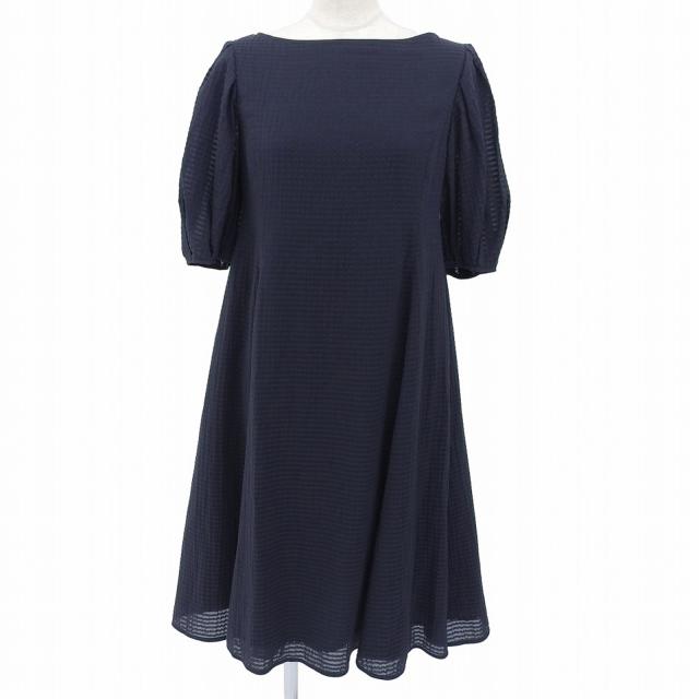 極美品▲FOXEY フォクシー 43569 S00X611T コットン シルク混 パフスリーブ シアサッカー 半袖 ワンピース ネイビー 38 日本製 正規品