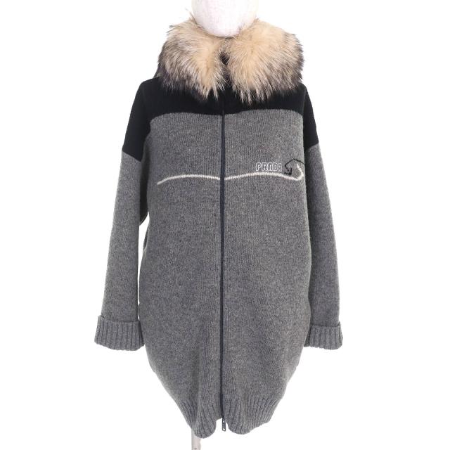 未使用品△PRADA プラダ ウール100% フォックスファー ロゴ刺繍 ジップアップ ニットカーディガン ジャケット グレー ブラック 36 正規品