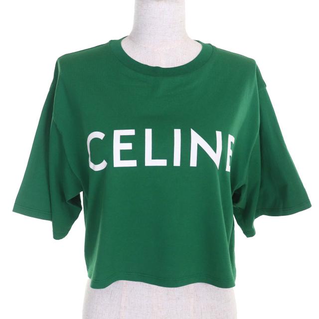 美品△CELINE セリーヌ 2X761501F コットン100％ ロゴ クルーネック クロップド 半袖Ｔシャツ グリーン ホワイト S イタリア製 正規品