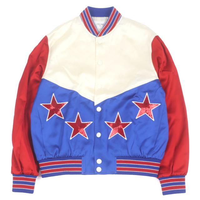 未使用品□CELINE セリーヌ 2V35N851C アメリカンテディブルゾン エディ期 スパンコール スタジャン レッド ブルー 46 イタリア製 正規品