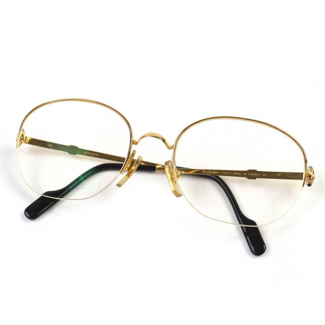 美品△Cartier カルティエ ハーフリム トリニティ 4Pブルージェムストーン メガネ 眼鏡 アイウェア ゴールド ブラック 54□18 130 度入り
