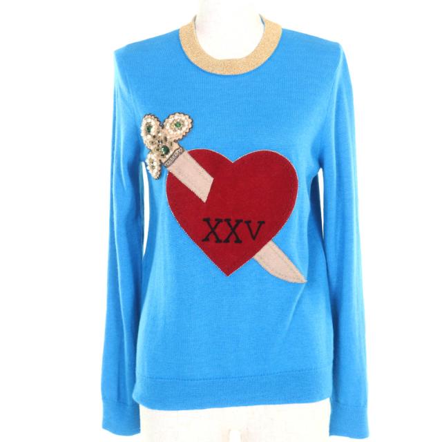 極美品◇GUCCI グッチ カシミヤ シルク混 ミケーレ期 472444 ハート&ダガー 刺?・ビジュー付 長袖 ニット 青 M 伊製 正規品 レディース