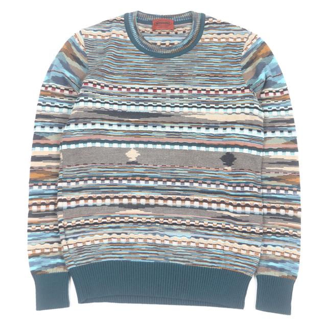 極美品□Missoni ミッソーニ シルク混 薄手 長袖 ロングスリーブニット セーター ブルー系マルチカラー 44 イタリア製 正規品 メンズ