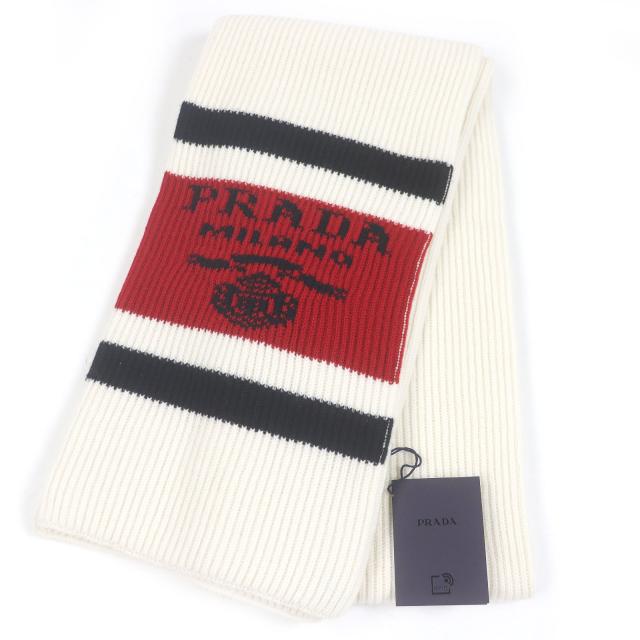 未使用品□PRADA プラダ UMS418 カシミヤ100% ロゴ入り トリコロール リブ編み ニットマフラー アイボリー イタリア製 正規品 メンズ