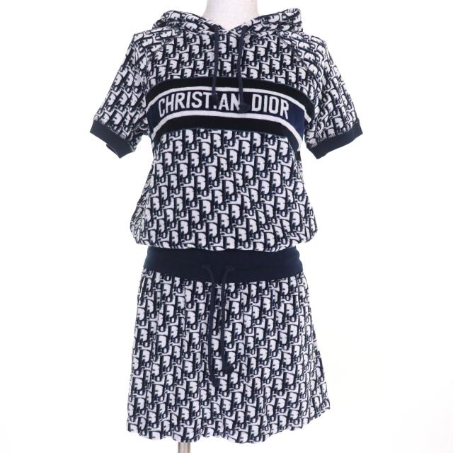 極美品☆Christian Dior クリスチャンディオール 21SS 123R02A4022 オブリーク ベロア パーカードレス ワンピース ネイビー XS 正規品