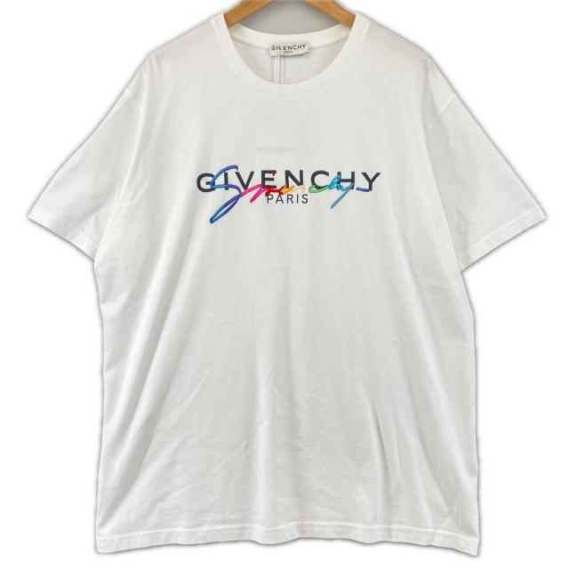 極美品▲GIVENCHY ジバンシィ BM70RL3002 コットン100％ レインボー ロゴ刺繍 半袖Ｔシャツ ホワイト L 正規品 メンズ