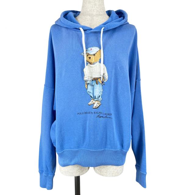美品▲POLO RALPH LAUREN ポロ・ラルフローレン ベア フリース フーディ スウェット パーカー ブルー 160/84A 正規品 レディース