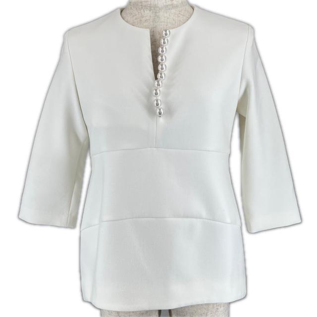 美品▲YOKO CHAN ヨーコチャン YCB-218-114 フェイクパーツ付き 5分袖 スキッパー ブラウス ホワイト 36 日本製 正規品 レディース