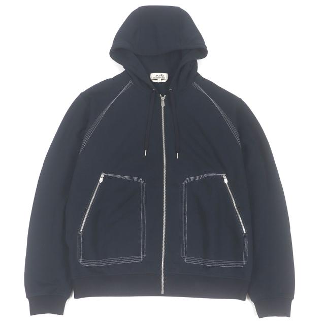 極美品□HERMES エルメス 24SS Piqures cinetiques Hロゴジップ ステッチデザイン パーカー フーディー ネイビー L イタリア製 正規品