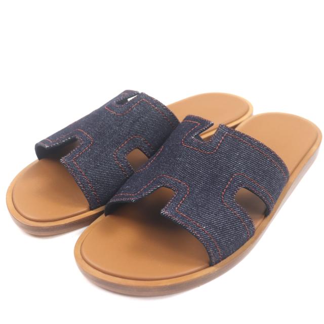 未使用品▼HERMES エルメス イズミール デニム レザー 2025年購入品 スライドサンダル インディゴ ブラウン 40 箱・保存袋付 伊製 メンズ