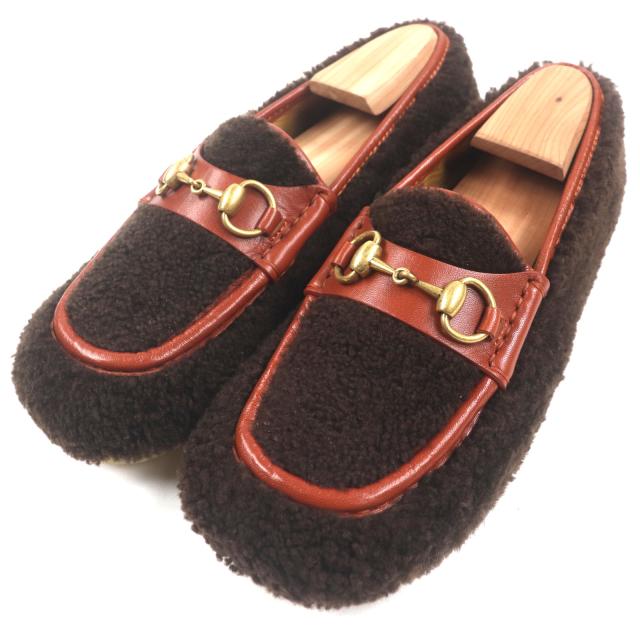 未使用品▼GUCCI グッチ 716017 ボア レザー ホースビット モカシン Uチップ スリッポン ローファー ブラウン 6 保存袋付 伊製 メンズ