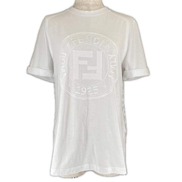 美品▲FENDI フェンディ FS7111 ズッカ柄 ロゴ入り バックフリンジデザイン 半袖Ｔシャツ ホワイト XXS 日本Sサイズ相当 正規品