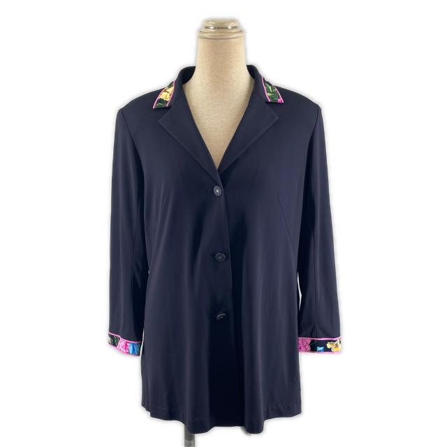 美品▲LEONARD FASHION レオナール ファッション 181550 花柄 ロゴボタン付き シャツ ジャケット ネイビー LL 日本製 正規品 レディース