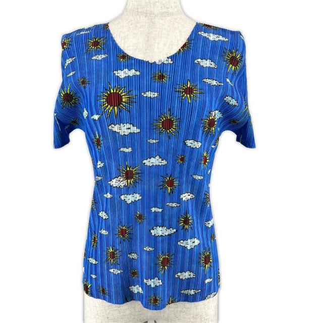 極美品▲PLEATS PLEASE プリーツプリーズ イッセイミヤケ PP13-FK362 ラウンドネック 半袖カットソー ブルー 3 日本製 正規品 レディース