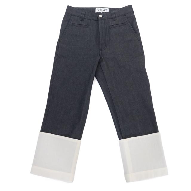 極美品◇LOEWE ロエベ S2292112IB フィッシャーマン ストーンウォッシュド ボタンフライ レザーロゴパッチ付 デニムパンツ 青 34 正規品