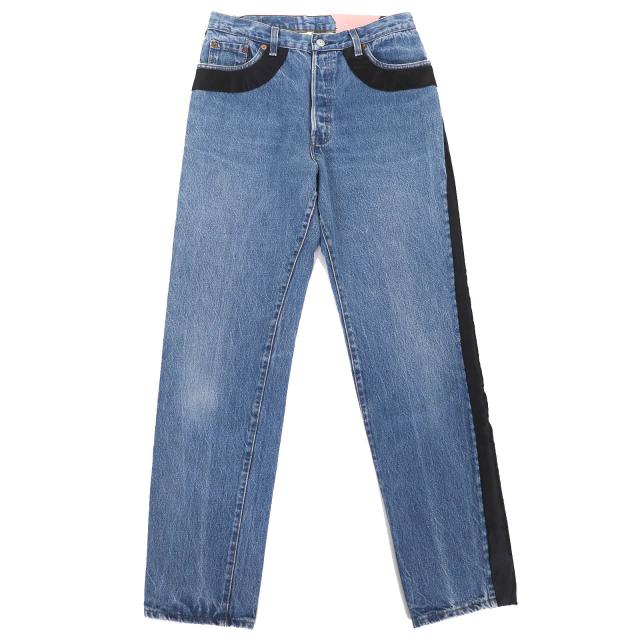 未使用△MIU MIU Levis ミュウミュウ リーバイス 501 GWP387 パフスリーブ ダッチェスシルク ロゴレザーパッチ デニムパンツ 26 正規品