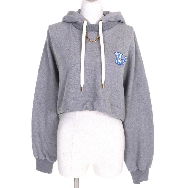 極美品△LOUIS VUITTON ルイヴィトン 23SS 1AAOLZ LVフライトモード クロップド フーディー パーカーロゴチェーン グレー S 伊製 正規品