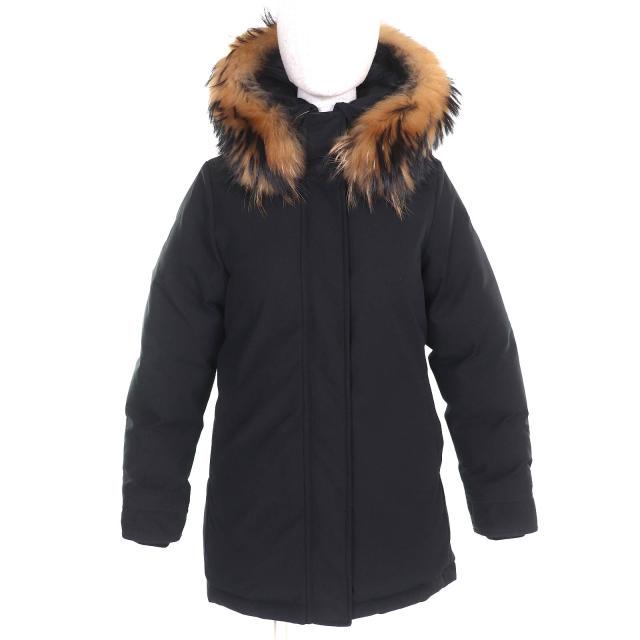 美品△Pyrenex ピレネックス BORDEAUX FUR JACKET ボルドー ファー ロゴワッペン フード付き ダウンジャケット ブラック 36 正規品