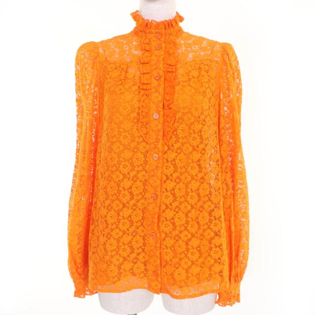 極美品☆GUCCI×THE NORTH FACE グッチ×ザ・ノースフェイス 683878 シルク混 長袖 シャツ ブラウス オレンジ 36 伊製 正規品 レディース