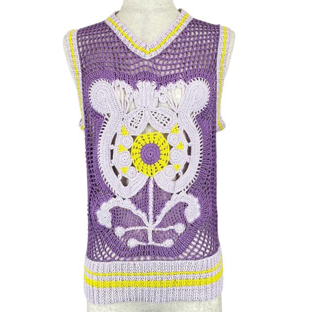 未使用品▲PATOU  パトゥ KN05180335035 コットン100％ ハンドメイド クロシェ ベスト パープル S レディース タグ付き 定価148500円