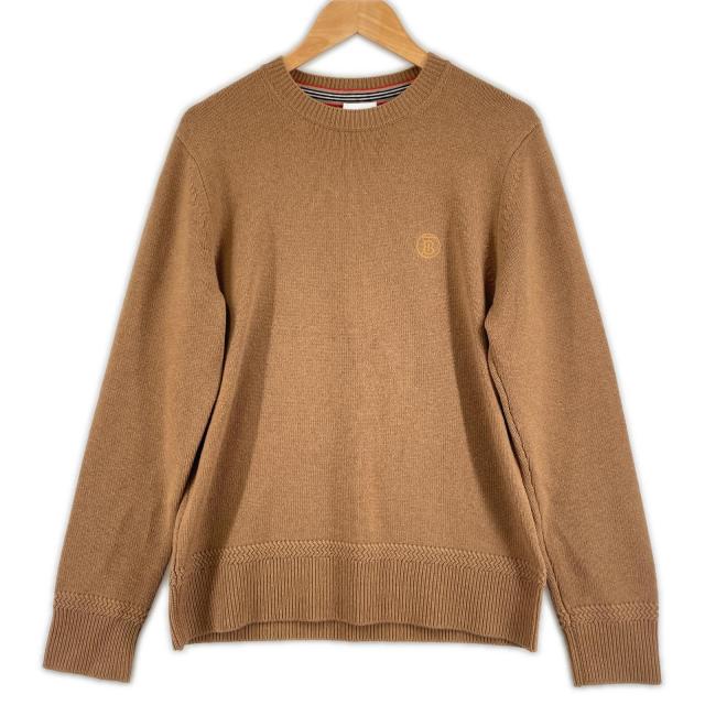 美品▲BURBERRY バーバリー 8033178 カシミヤ100％ TBロゴ刺繍 クルーネック 長袖ニット セーター ブラウン S 正規品 メンズ