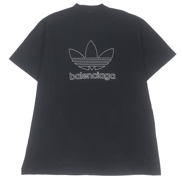 美品□BALENCIAGA adidas バレンシアガ アディダス 23SS 723976 トレフォイル ロゴ刺繍 エンブロイダリー 半袖Ｔシャツ 黒 2 正規品