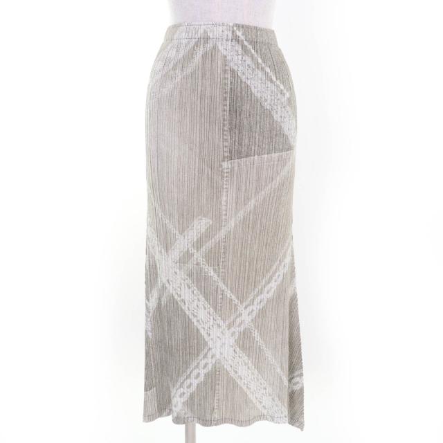 極美品☆PLEATS PLEASE プリーツプリーズ イッセイミヤケ PP61-JG605 転写プリント ロングスカート ベージュ 3 日本製 正規品 レディース