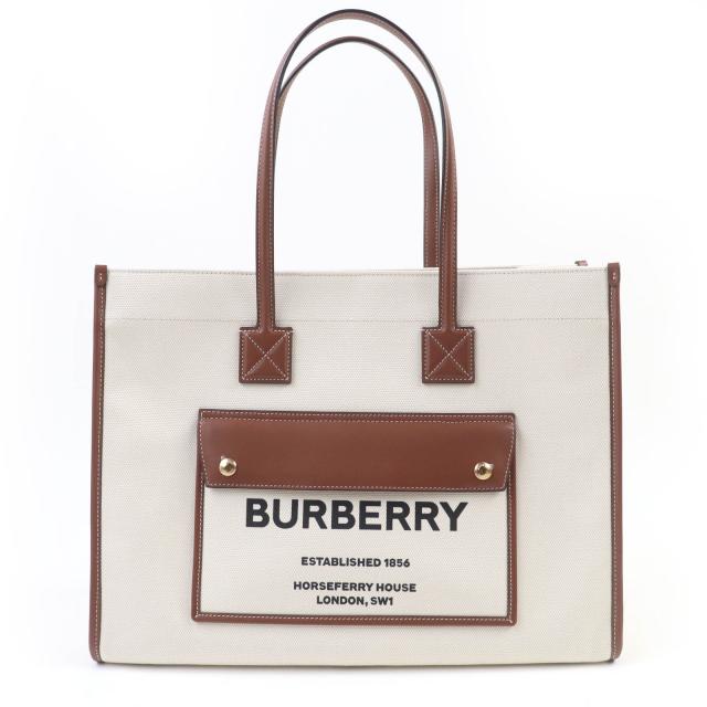 未使用品☆BURBERRY バーバリー 8044129 ミディアム フレヤトート キャンバス レザー使い トートバッグ ナチュラル タン イタリア製