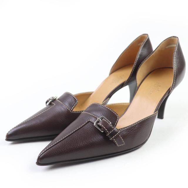 未使用品☆HERMES エルメス ステッチ バックルデザイン レザー パンプス ブラウン 36.5 箱・保存袋付き イタリア製 レディース